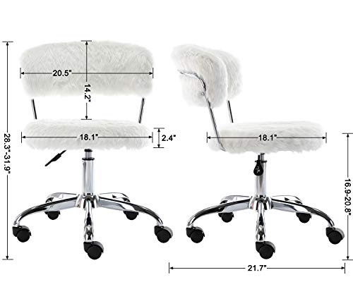 White Home Office Chair Cute Fluffy Vanity Chair with Back Task Upholstered Fur Armless Swivel Desk Chair for Study Room, Height Adjustable