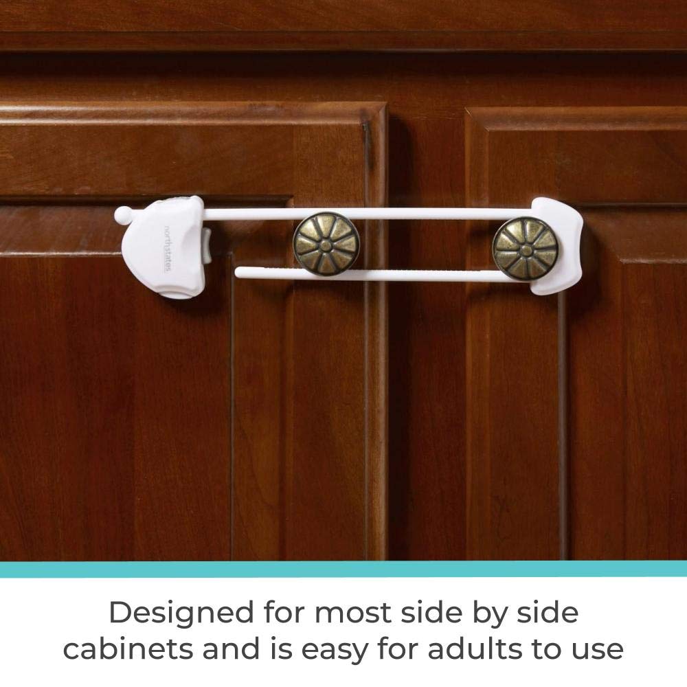 Toddleroo by North States Large Sliding Cabinet Locks | Keep Side by Side cabinets Safely & securely Closed | Works on Cabinet Handles up to 4.5" Apart | Baby proofing with Confidence (2-Pack, White)