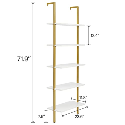 SUPERJARE Modern Ladder Shelf, 5-Tier Open Wall-Mounted Bookshelf with Stable Metal Frame, 72 Inches Storage Rack Shelves, Stand Bookcase for Home Office - White/Gold