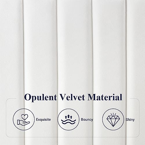 Allewie Queen Bed Frame, Velvet Upholstered Platform Bed with Adjustable Vertical Channel Tufted Headboard, Mattress Foundation with Strong Wooden Slats, Box Spring Optional, Easy Assembly, Off-White