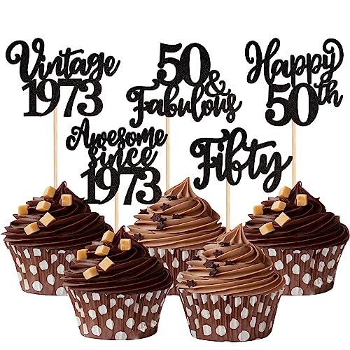 30 PCS Vintage 1973 Cupcake Toppers Glitter Fifty Awesome Since 1973 Happy 50th Birthday Cupcake Picks 50 Fabulous Cake Decorations for Cheers to 50th Birthday Anniversary Party Supplies Black
