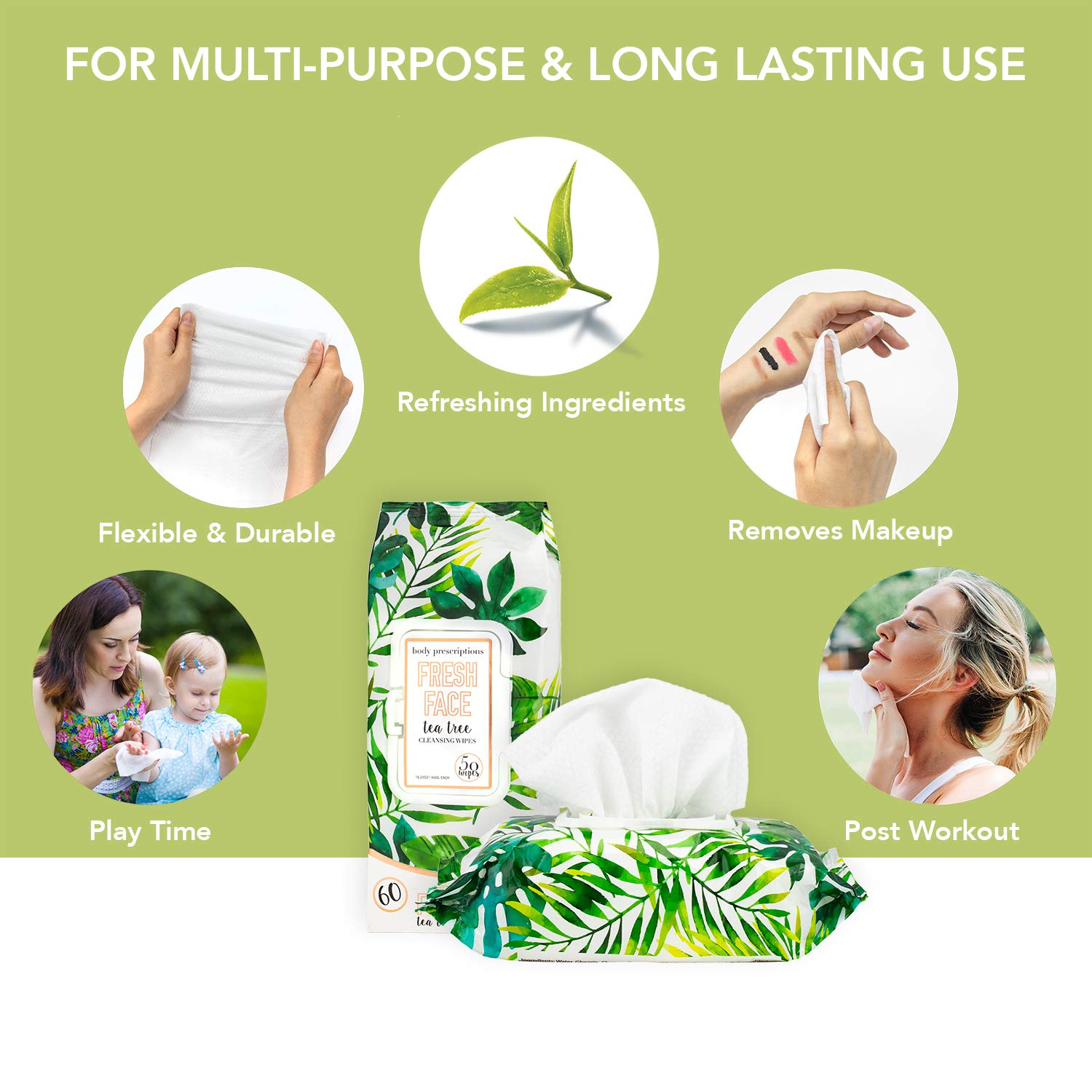 Body Prescriptions Tea Tree Facial Wipes, Moisturizing, Deep Cleansing Face Towelettes, Refreshing + Nourishing, Gentle Cleansing Cloths, 50 Count (Pack of 3), Tea-Tree