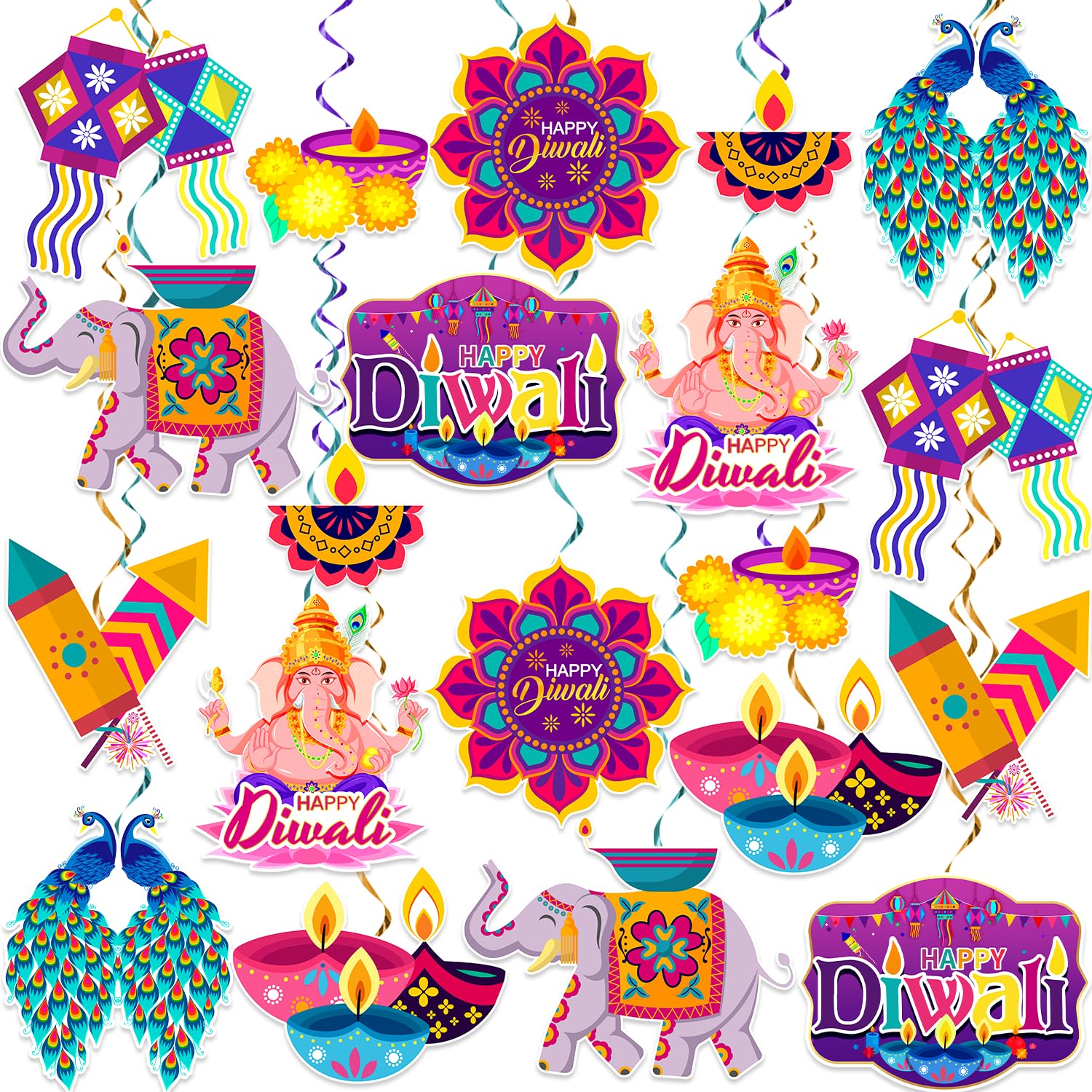 40pcs Diwali Hanging Decorations, No-DIY Happy Diwali Decorations for Home House, Deepavali Party Decorations, Indian Festival Diyas for Diwali Rangoli Decoration Lights Hanging Swirls cocomigo
