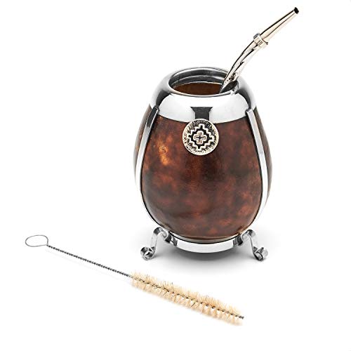 BALIBETOV [New Handmade Yerba Mate Gourd Set - German Silver Trim and Base - [Mate Cup] with Bombilla [Yerba Mate Straw] (Dark Brown)