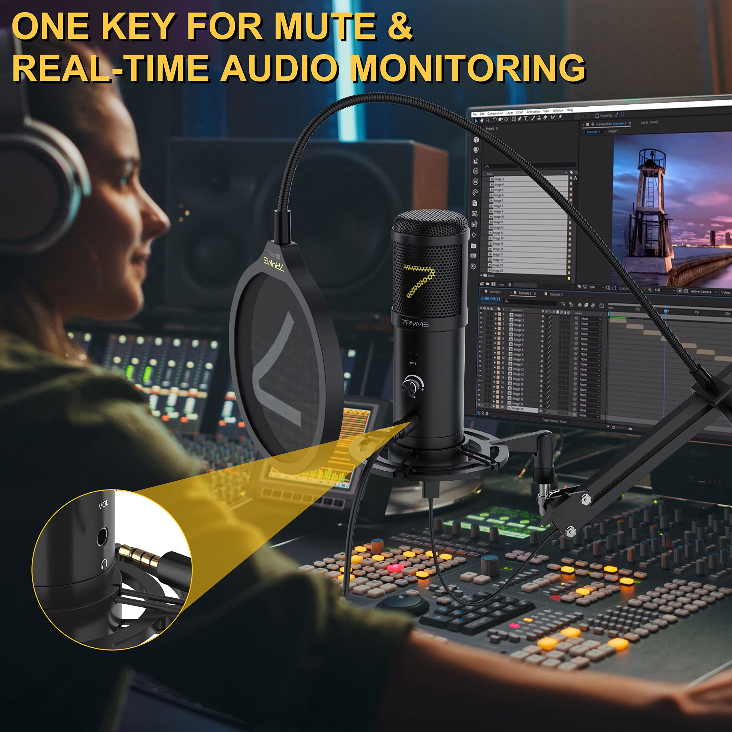 7RYMS SR-AU01-K1 Podcast Microphone Kit with Arm Stand, USB Condenser Microphone for Computer PC Smartphone, Suitable for Gaming Singing Podcasting Recording Live-Streaming