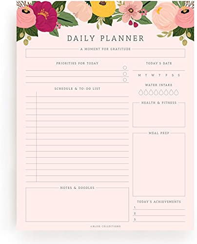 Bliss Collections Daily Planner, Blush Floral, Calendar, Organizer, Scheduler, Productivity Tracker, Meal Prep, Organize Tasks, Goals, Notes, To-Do Lists, 8.5"x11" Undated Tear-Off Sheets (50 Sheets)