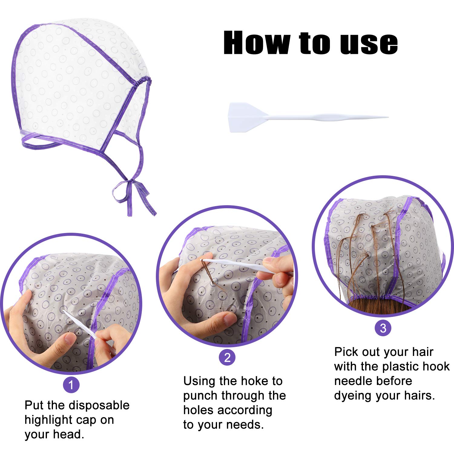 6 Pieces Hair Cap Highlighting Frosting Cap Highlight for Dye Color with Plastic Hooks Hair Coloring Salon Hairdressing Tool Kit Supplies(Purple)
