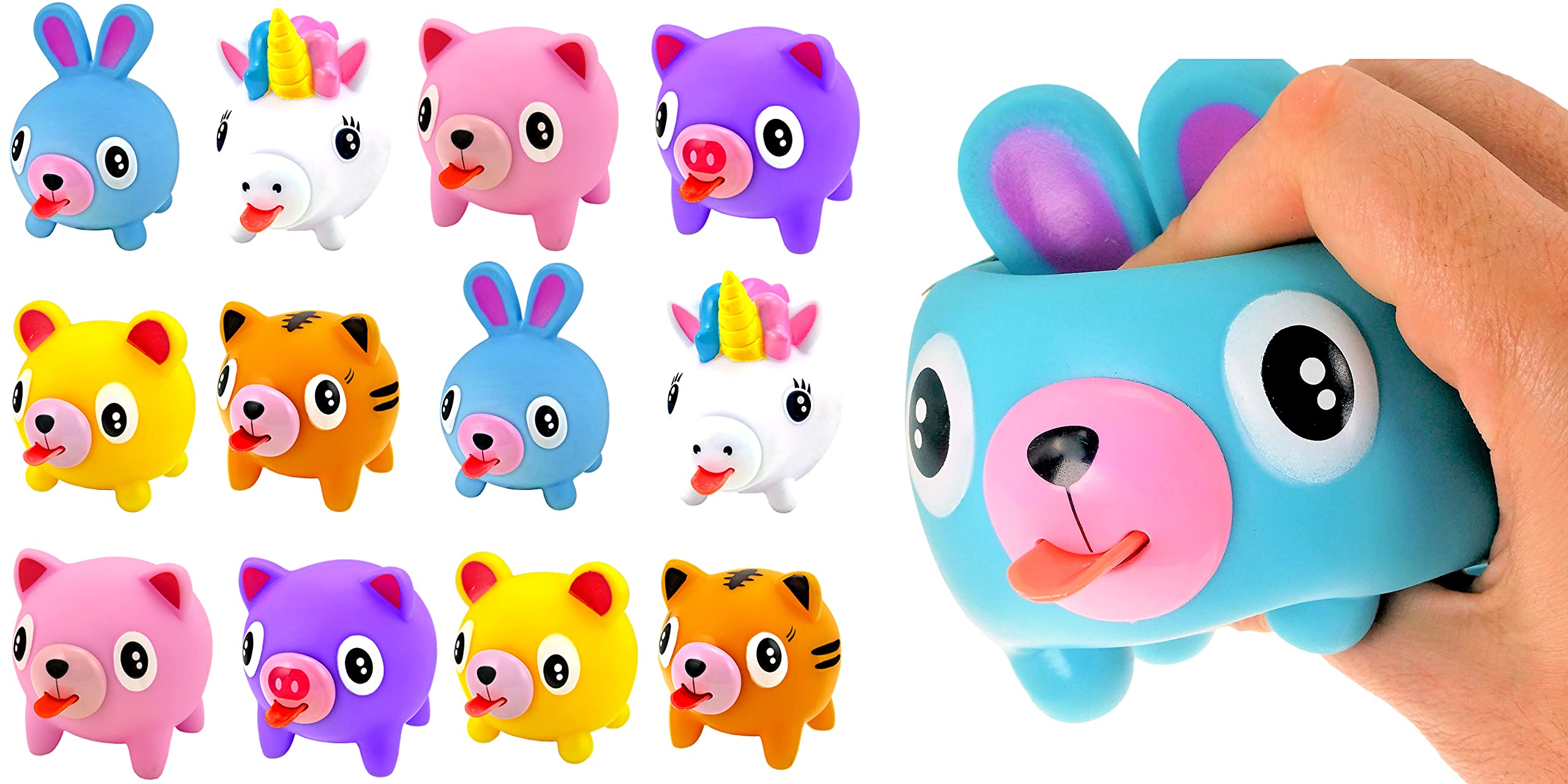 Squeeze Play and Sound Stress Ball Relievers Ball Tongue Out (12 Units) Ja-RU Screaming Talking Animal Toy for Kids & Adults, Cute Squeeze Stress Relief Soft Ball Decorations Plus Sticker 4342-12s