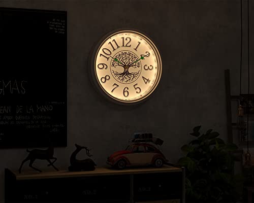 Abdurey Night Light Wall Clock, 12" White Retro-Vintage Style, Silent Battery Operated, Sound Control Sensor Lighted Wall Clocks, for Bedroom, Living Room, Farmhouse (Tree of Life Warm Light)