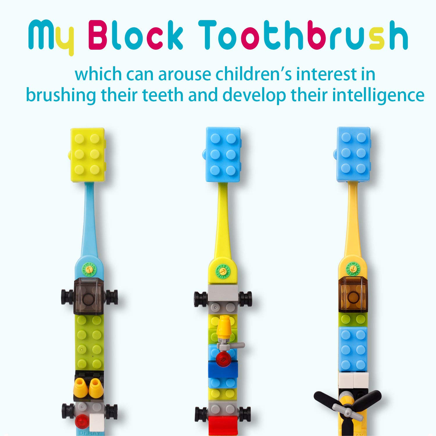 Dr.RAY Kids Toothbrush with Building Blocks and Toothbrush Covers, Extra Soft, Ages 6+ (Pack of 3, Multi-Colored)