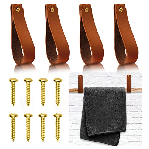 Abeillo 4 Pcs Medium Leather Wall Hooks, Artificial Leather Straps Hanger Wall Mounted Towel Hook Hanging Strap Holder for Bathroom Kitchen Bedroom Nordic Boho Decor (Brown)