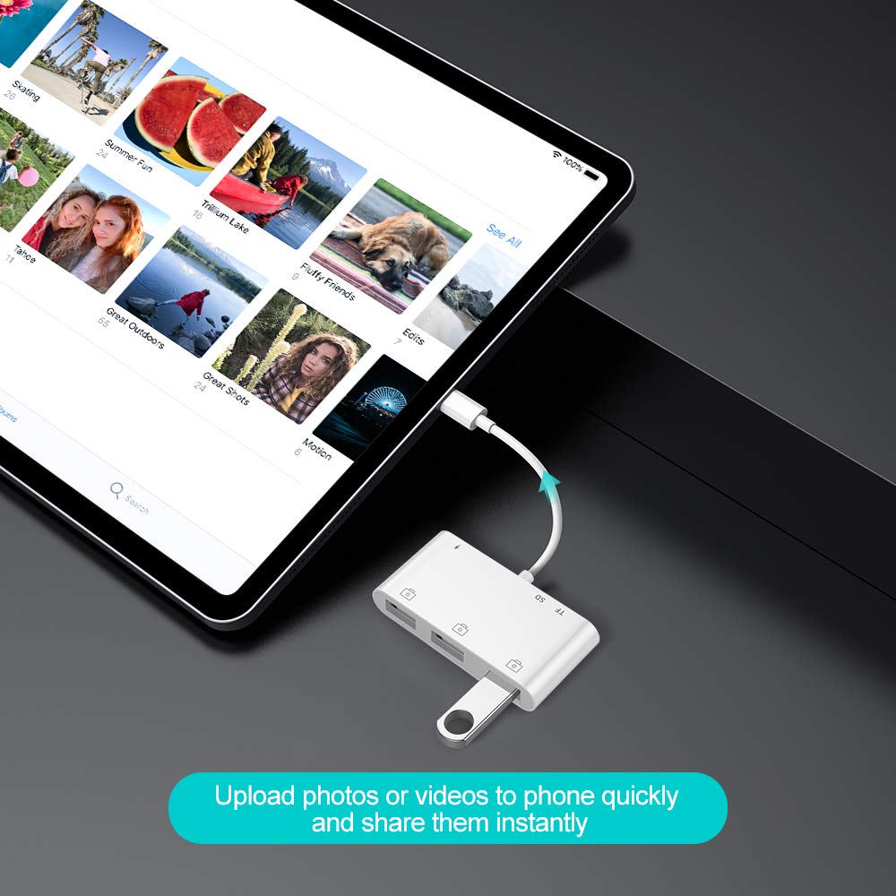 K-mate Compatible with iPhone/iPad to USB Adapter, 6 in 1 USB Camera to iPhone/ iPad Adapter with SD & TF Card Reader, Power Delivery, Compatible with iPhone/iPad/iPod and More USB Device White