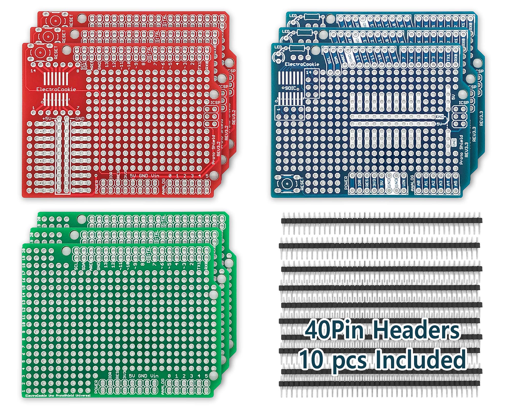 ElectroCookie Proto Shield Kit Compatible with Arduino Uno R3, Expansion Prototyping PCB Board (3 Types, 9 Pack)