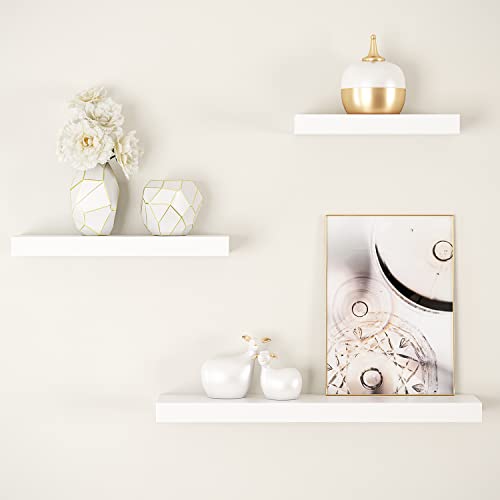 Ballucci Modern Floating Shelves for Wall, Set of 3 Wood Wall Mount Ledges for Living Room, Bedroom, Nursery, Bathroom, Kitchen, 12", 16", 24" - White