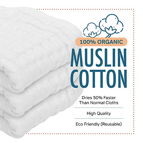 AllSett Health 10 Pack Muslin Burp Cloths Large 20" by 10" 100% Cotton, Hand Wash Cloth 6 Layers Extra Absorbent and Soft White