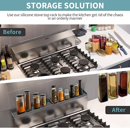 30" Stove Top Spice Rack,Silicone Top Heat Material Magnetic Stove Top Shelf Zero Installation Flexible Spice Organizer Containers Kitchen Shelf Gadgets with 2 Functional Prtitions for Kitchen Storage