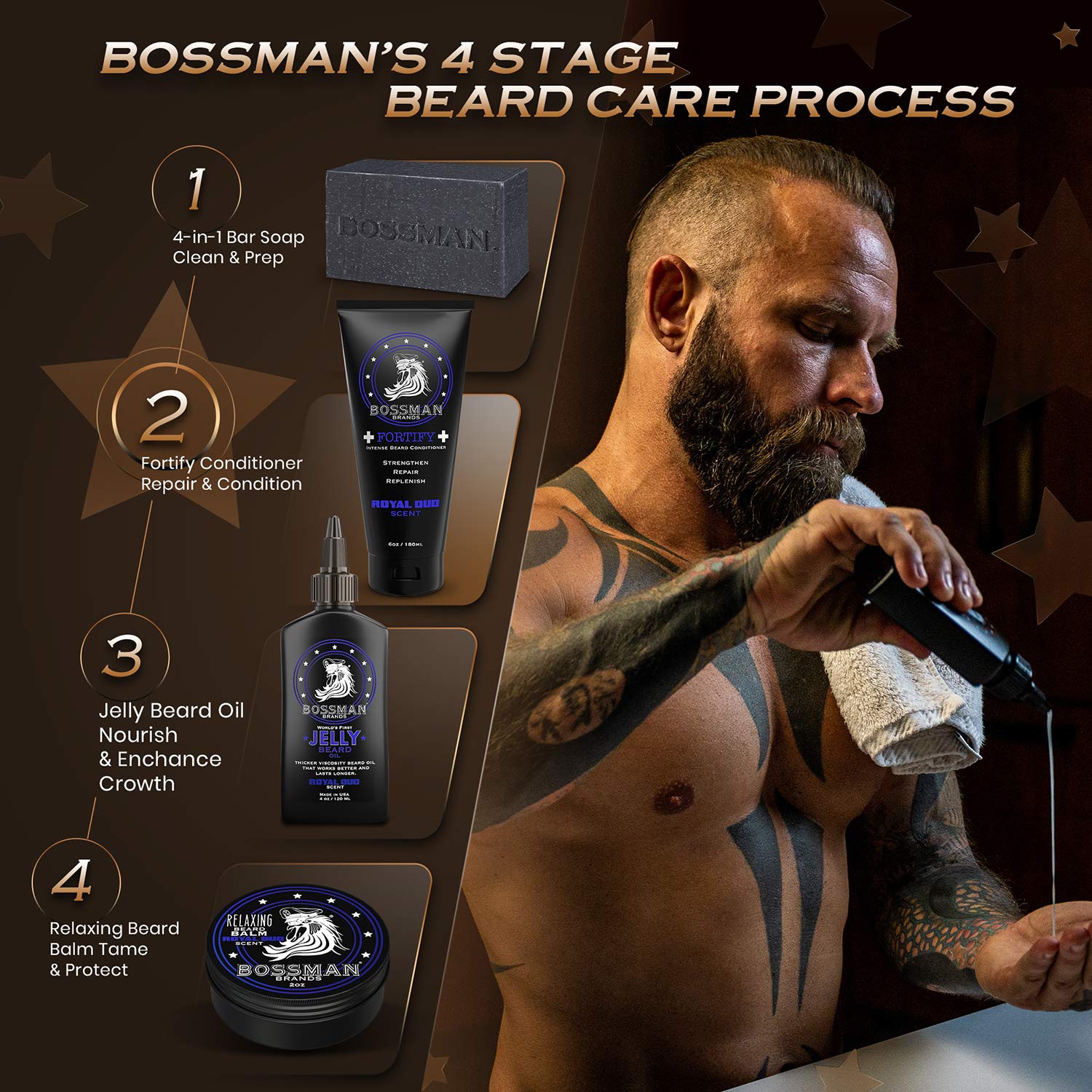 Bossman Fortify Intense Beard Conditioner - Shower Beard Wash - Beard Straightener for Men - Moisturizer and Beard Softener for Men - Beard Growth Products - Made in USA (Royal Oud Scent)