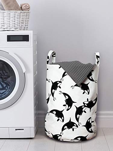 Lunarable Orca Laundry Bag, Grampus Killer Whale Repeating Pattern in Doodle on Plain Backdrop Print, Hamper Basket with Handles Drawstring Closure for Laundromats, 13" x 19", Charcoal Grey and White