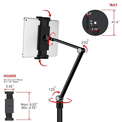 MagicHold Adjustable Metal Tablet Phone Stand Mount Holder Compatible with Ipad Pro, Ipad Air.ipad Mini,iPhone,Great for Office/Bed/Zoom/Netflix (Built in Cup/Phone Tray) (Black)