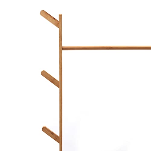 43.3" Bamboo Clothing Garment Rack, Clothes Coat Hanger w/6 Side Hooks Combo, Free Standing Closet Organizer Rack Entryway Bedroom Storage Shelves Clothes Hanging Rack With 360°Rotation Roller Wheels