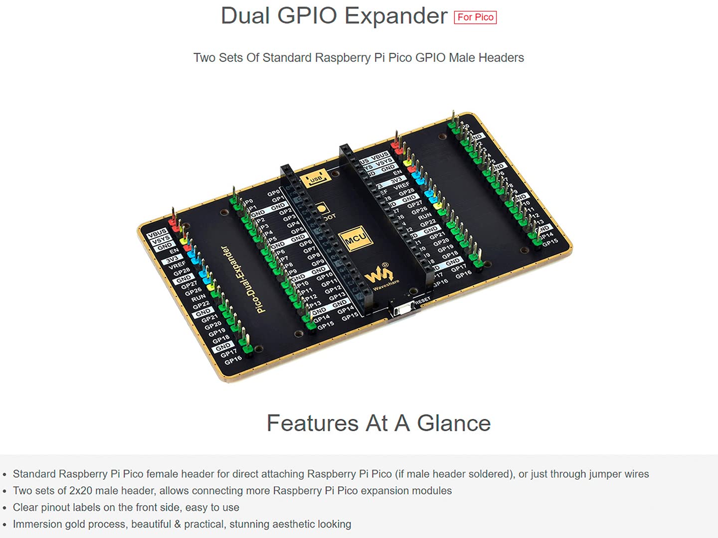 BFab Dual GPIO Expander for Raspberry Pi Pico,Two Sets of 2x20 Male Header for Connecting More Expansion Modules,Direct Attaching or Jumper Wires