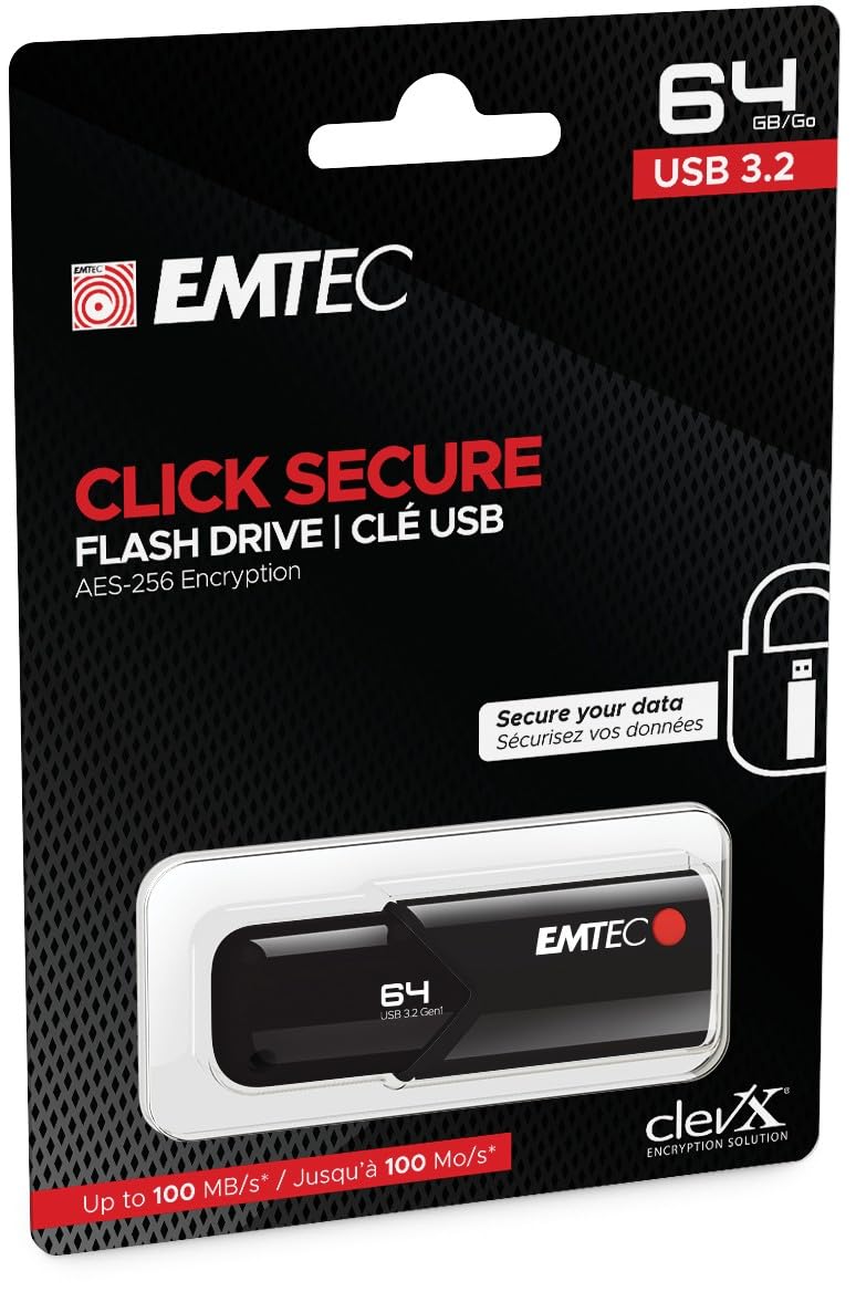 Emtec Click Secure B120 USB 3.2 Flash Drive 64 GB - Encryption software AES 256 - Read speed 100 MB/s - Black