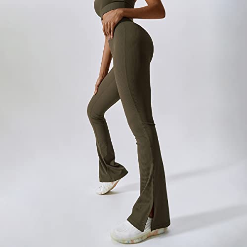 ABOCIW Women Ribbed Seamless Slit Hem Flared Leggings High Waist Bootcut Yoga Pants Tummy Control Workout Bootleg Pants Dark Green Medium