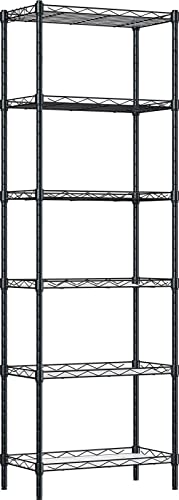 azamine 6-Tier Storage Shelves, Metal Storage Rack Adjustable Shelving Unit with 4 Hooks for Pantry Laundry Bathroom Kitchen Closet (21L x 11W x 70H, Black)