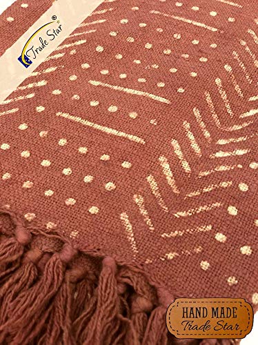 Trade Star Decorative Ethnic Block Print Throw Blanket for Couch 100% Cotton Soft Tassel Blanket Handmade Mudcloth Throw for Home Handloomed Housewarming Gift (Rust, Snow (120 x 170 Cms))
