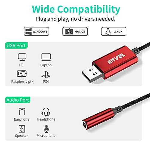 ENVEL USB to 3.5mm Audio Jack Adapter(20cm), Built-in Chip External Sound Card,Mic-Supported Audio Adapter with 3.5mm Aux Stereo Converter Compatible with Headset PC Laptop Desktops PS4 PS5 (Red)