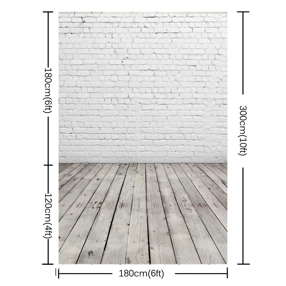 6'x10' White Brick Wall with Gray Wooden Floor Photography Backdrop Vinyl Background for Pictures D-2504
