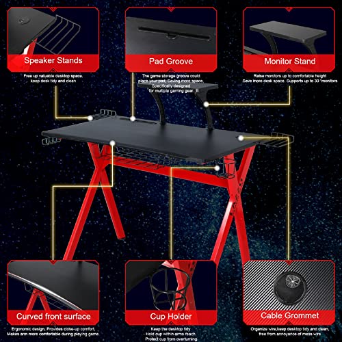 OKL 42” Gaming Desk- Home Office Computer Table, Black Carbon Fiber Gamer Workstation with Monitor Support，Headphone Hook，Pad Groove，Cable Management Holes，Storage Basket for PS4 Xbox (Red)