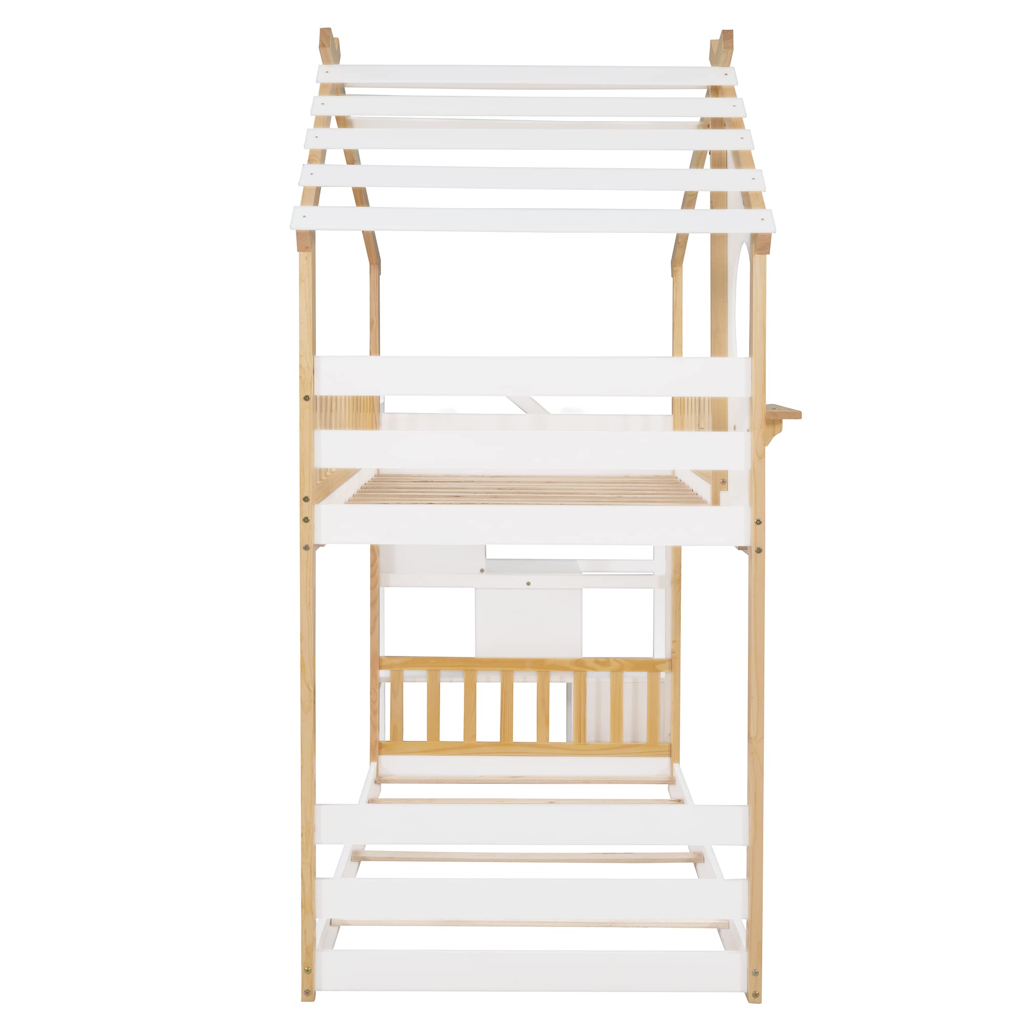 House Bed Bunk Beds with Stairs, Twin Over Twin Bunk Bed with Storage and Guard Rail, Floor Bunk Bed with Roof, Wood Bunk Bed Frame for Kids, Teens, No Box Spring Needed (Natural & White)