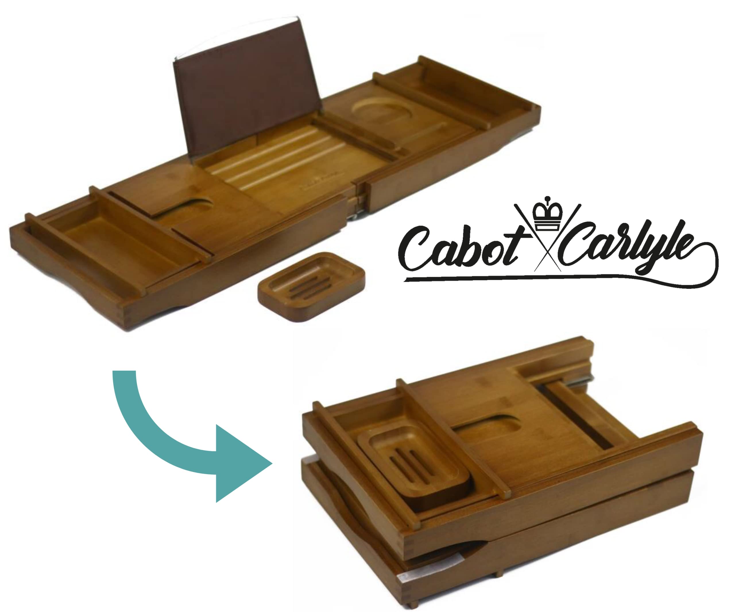 Cabot & Carlyle Luxury Bath Caddy Tray for Tub | Bath Table | Premium Bamboo Bathtub Tray for Tub | Fits All Bath Accessories Wine Glass, Books, Tablets, Cellphones, Shampoo | Bath Shelf Foldable.