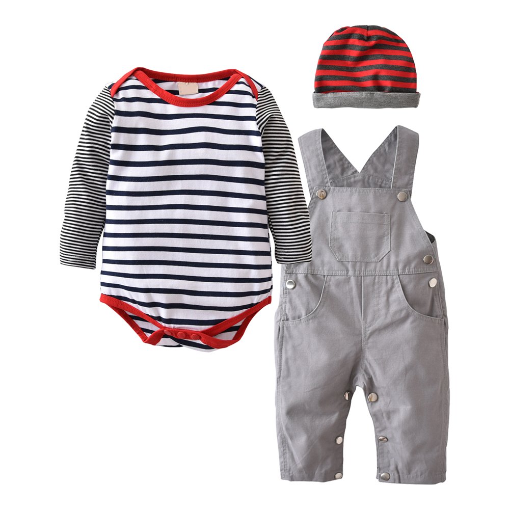 3Pcs Baby Boys Long Sleeve Stripe Romper Overalls Clothing Set with Hat (9-12 Months) Grey