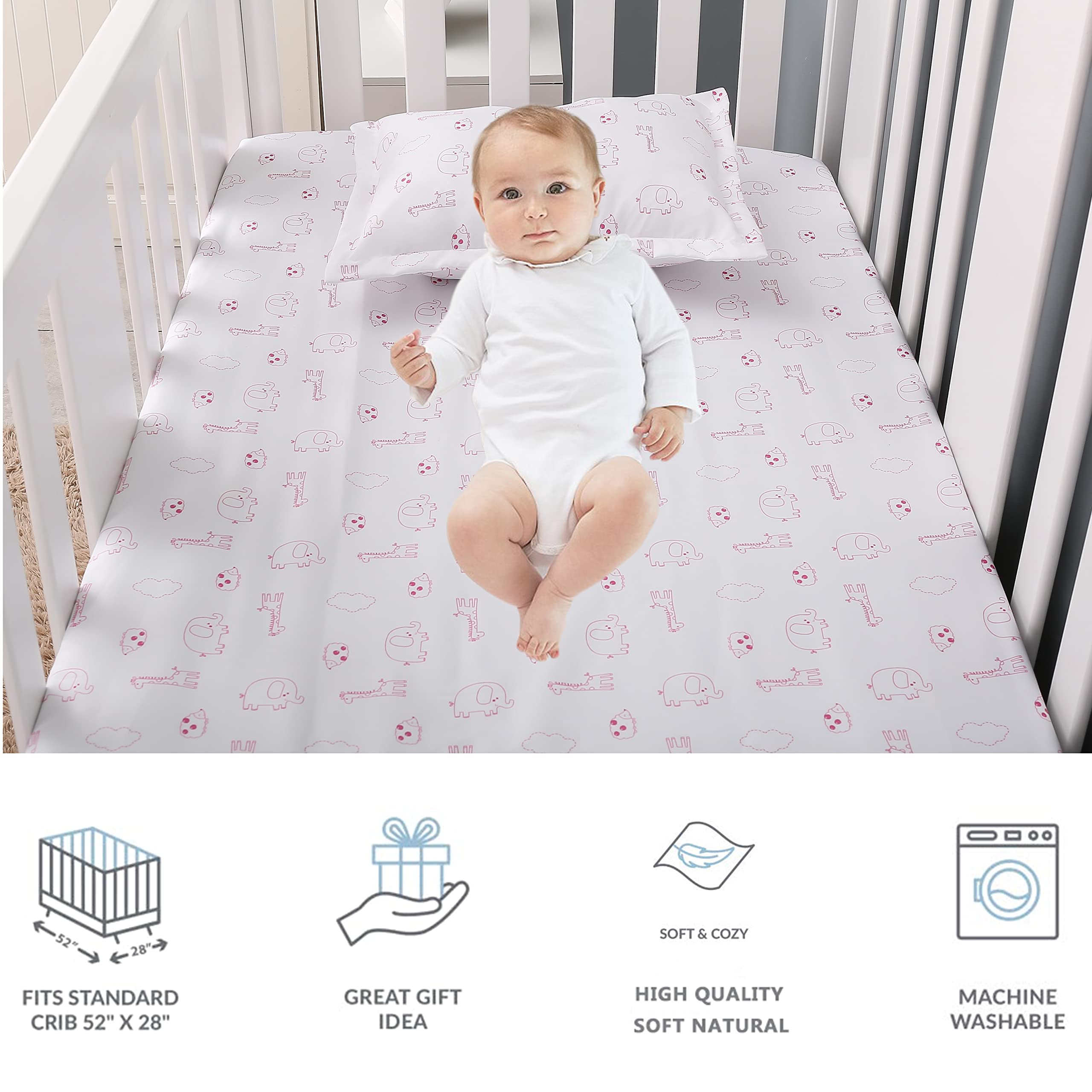 Brandream Baby Crib Bedding Set for Girl Boy Elephant Nursery Bedding with Comforter Fitted Sheet Bed Skirt Diaper Stacker Jungle Animal Elephant Giraffe Bird Design, 4 Piece