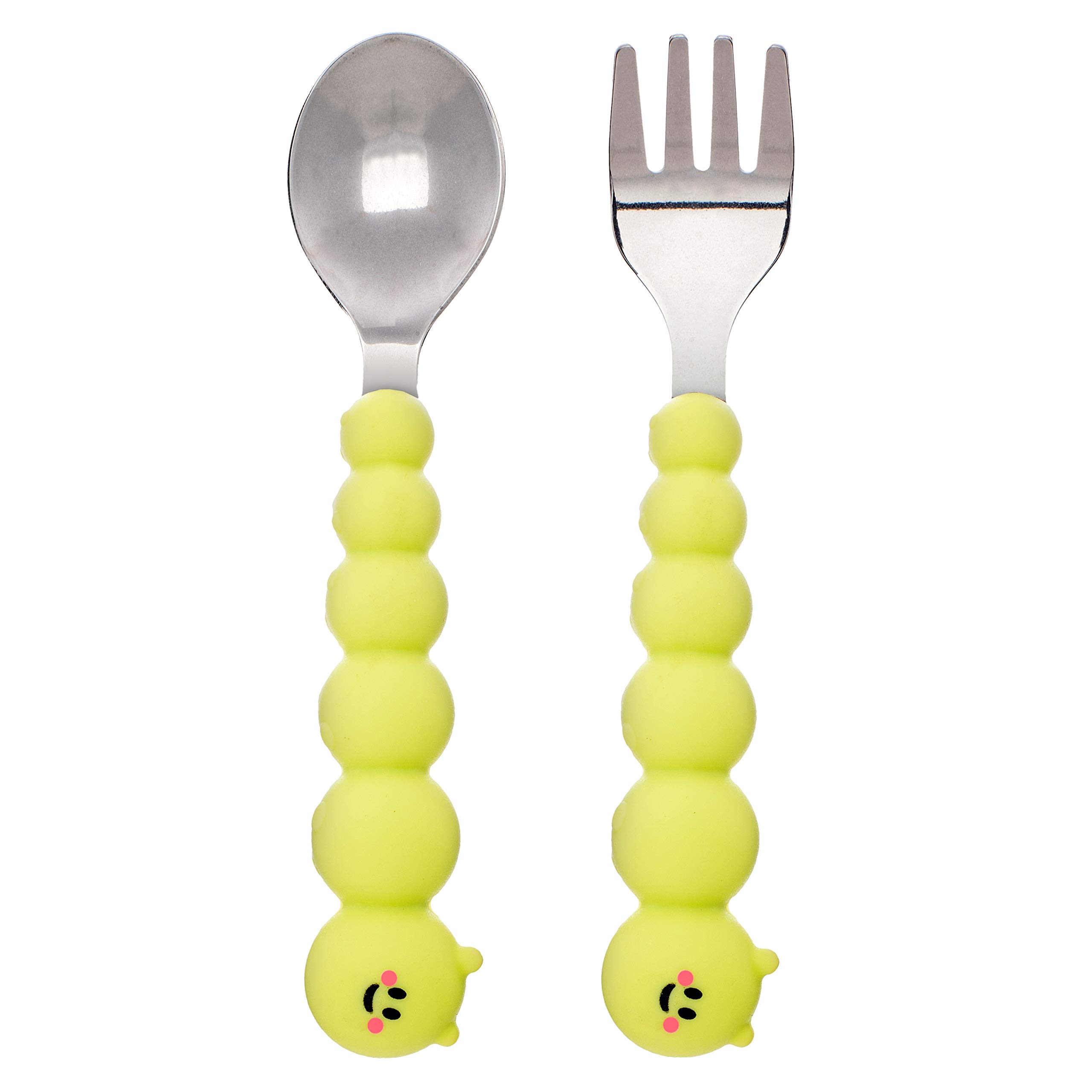 melii Caterpillar Spoon and Fork Utensil Set for Toddlers - BPA-Free Silicone and Stainless Steel Kids Utensils - Ergonomic, Easy-Grip Design for Fun & Safe Eating for Children