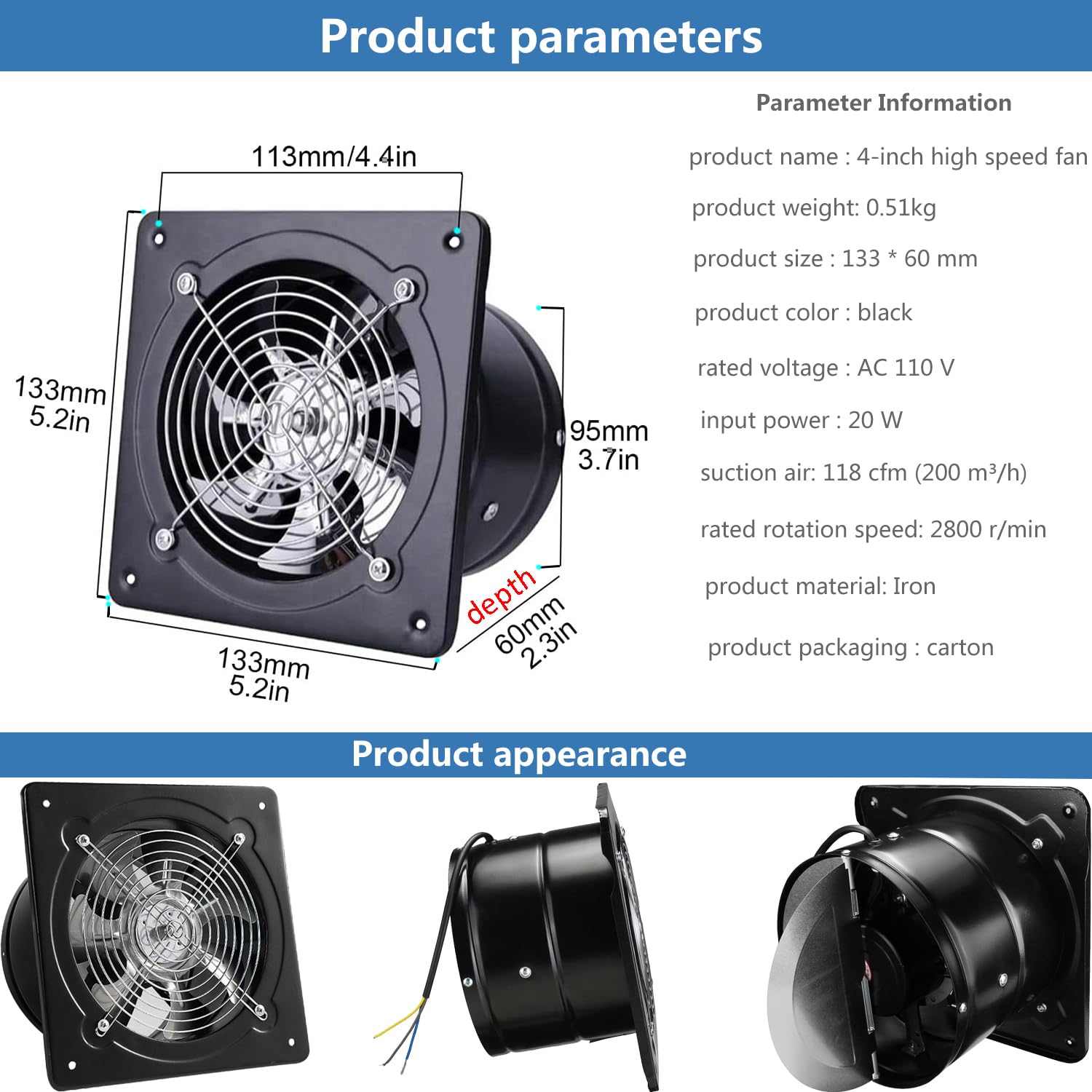 ACEDUROBLA 4 inch Exhaust Fan Metal Iron Ventilation Extractor, Silence with Anti-backflow Check Valve Window and Wall Mount Vent Fans for Home Office Kitchen Bathroom Grow Tent Garage