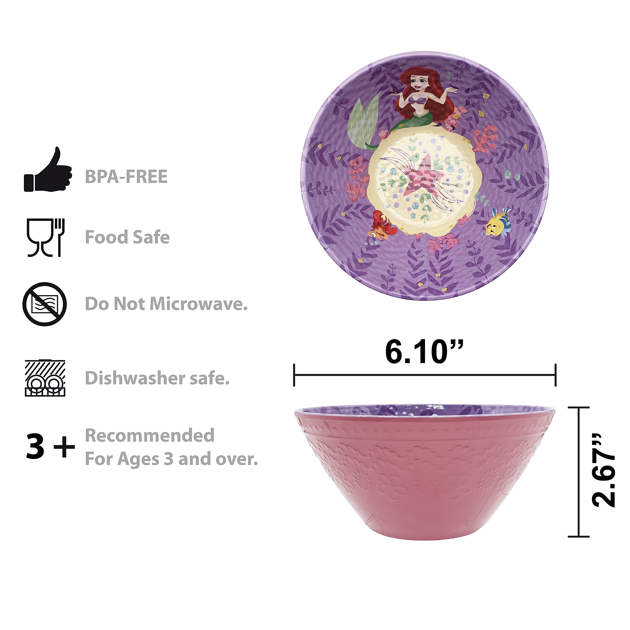 Zak Designs Disney Princess Dinnerware Set Includes Embossed Plate, Bowl, and Tumbler, Made of Durable Plastic Material and Perfect for Kids (3 Piece Set, Ariel & Belle & Rapunzel)
