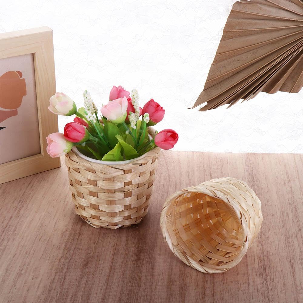 1PCS Portable Storage Basket,Bamboo Woven Basket Mini Storage Basket Desktop Plant Box for Garden(L)