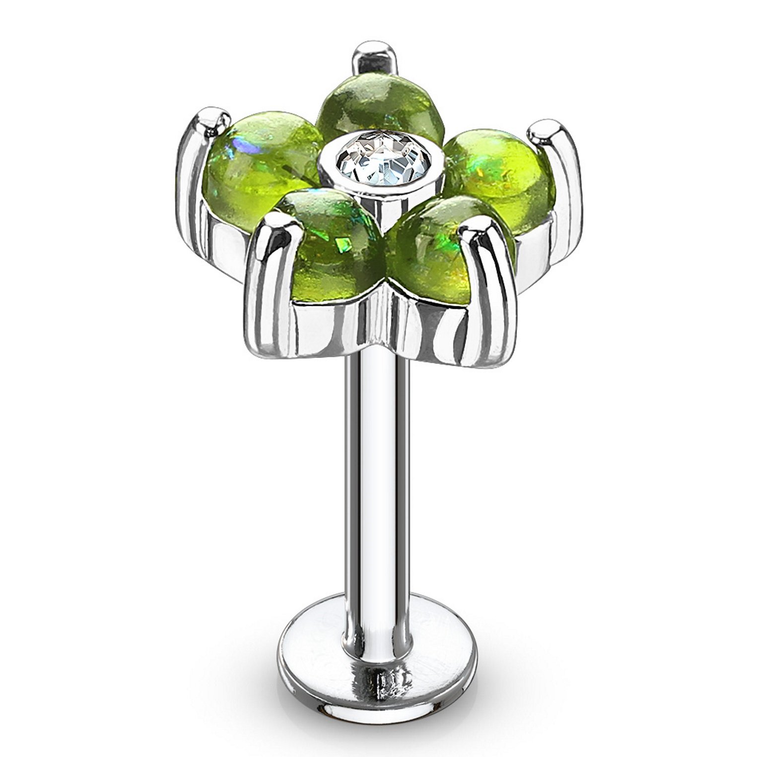 16 Gauge Opalescent Glitter Flower Steel Labret Monroe Piercing Stud Internally Threaded (Green-16G 1/4")