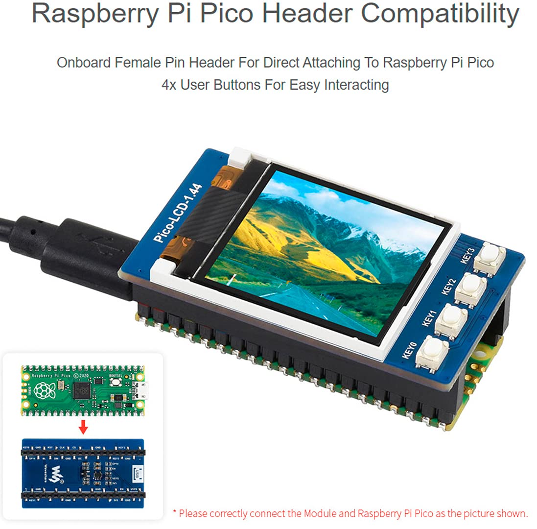 Bicool 1.44inch LCD Display Module for Raspberry Pi Pico, 128×128 Resolution TFT Display Panel 65K RGB Display Color Clear and Colorful Display Effect, ST7735S Driver SPI Interface 3.15V ~ 5V