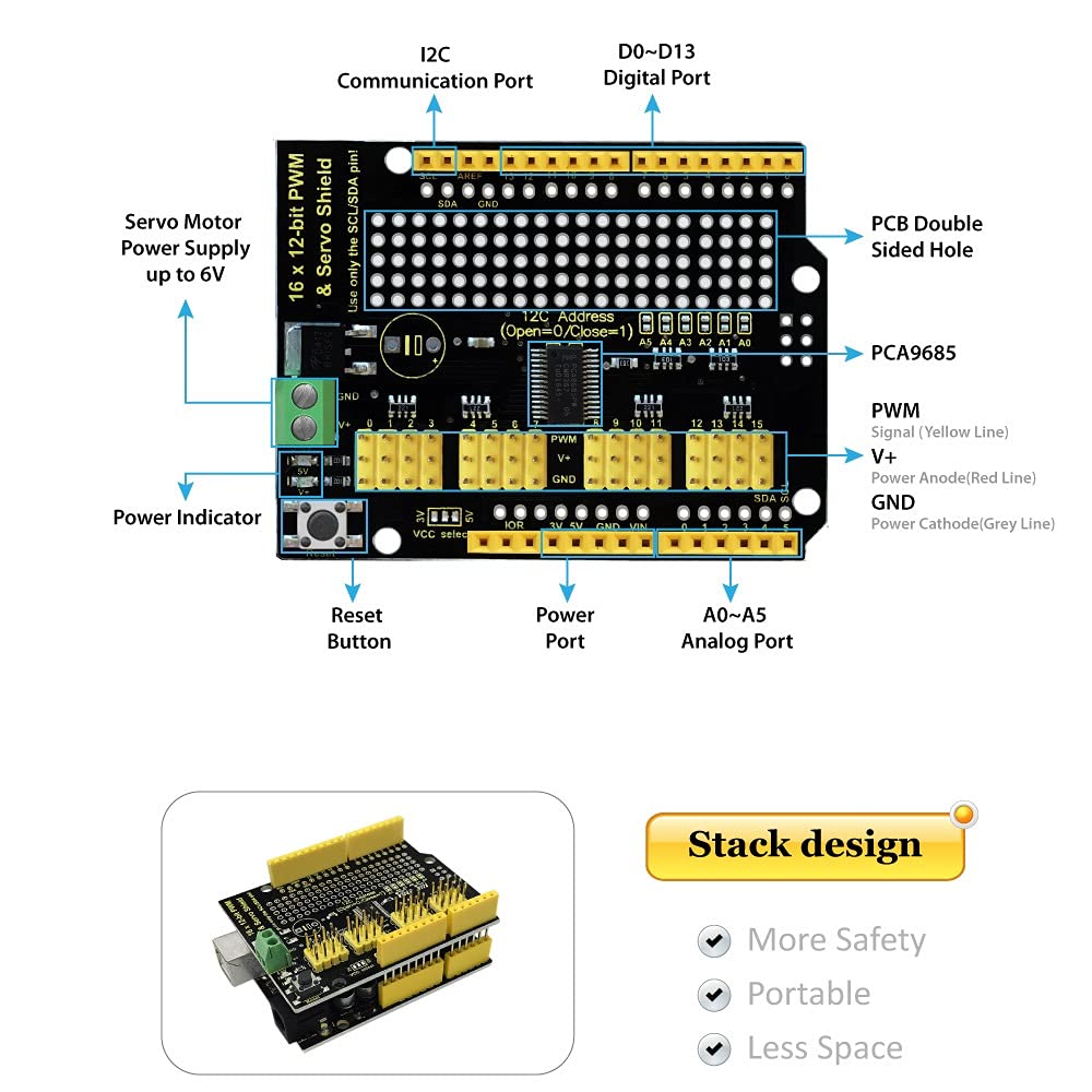 KEYESTUDIO 16-Channel 12-bit Servo Motor Driver Board I2C Interface for Arduino