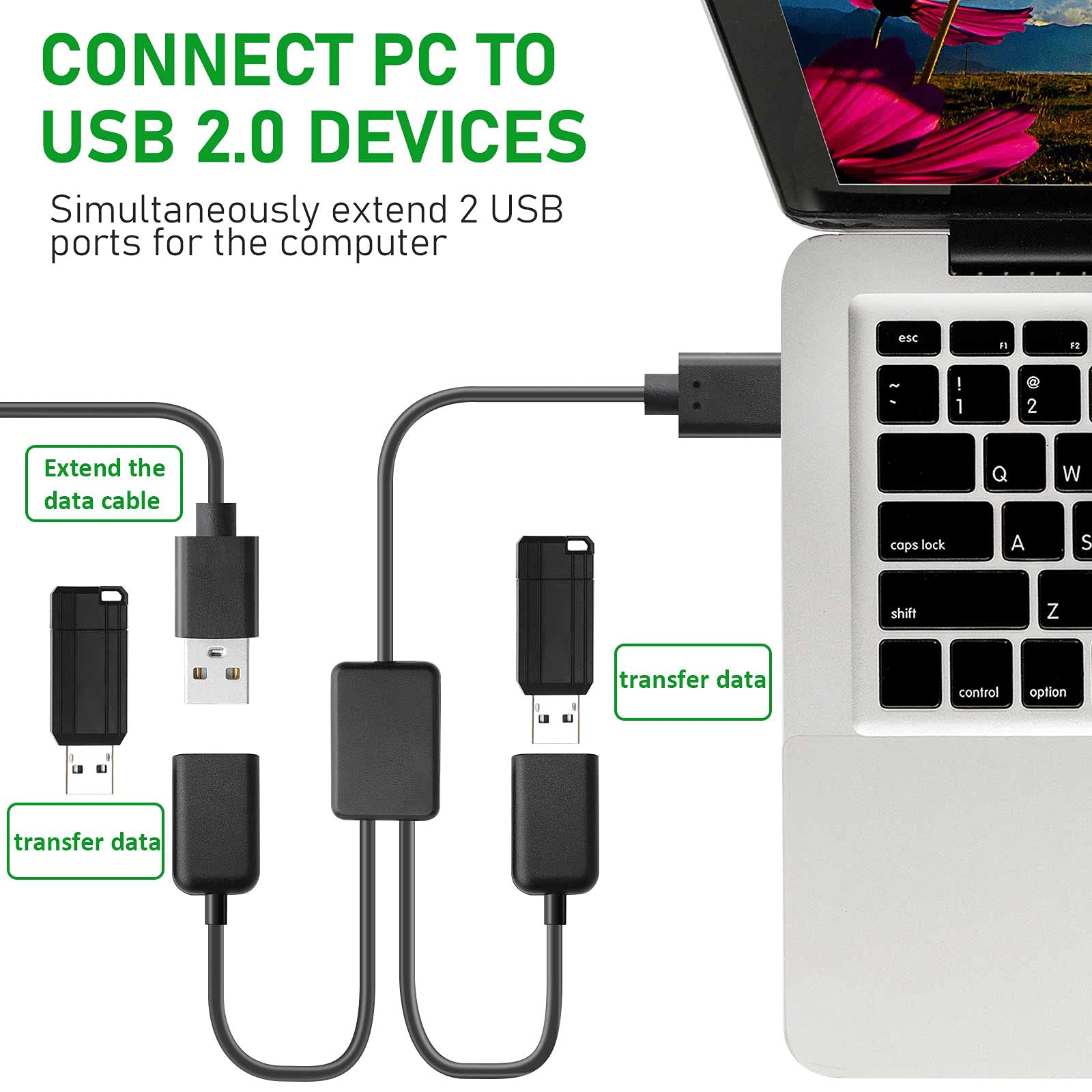 SAISN USB Y Splitter Cable 1 Male to 2 Female USB Hub 2.0 2 Ports Data Cable Power Cord Charging Extension Adapter Wire for Laptop, MacBook, Keyboards, Mice