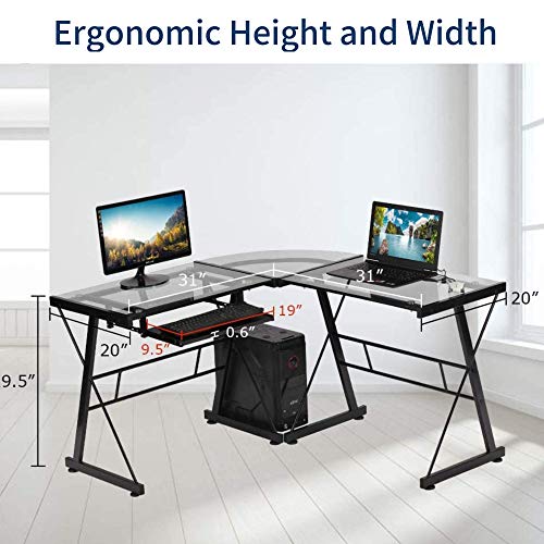 Reversible L-shaped Computer Corner Desk, Modern Toughened Glass L Shaped Round Corner Desk with Keyboard Tray & CPU Stand, PC Laptop Writing Gamer Workstation for Home Office Small Spaces (Clear)