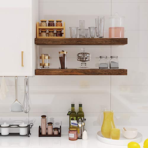 BAMFOX Floating Shelves Set of 2,Natural Bamboo Wall Shelf Wall Mounted Shelves,Wall Mount Display Rack with Large Storage L23 x W6 for Kitchen Living Room Bathroom Bedroom