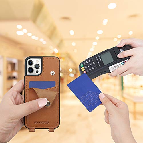LUCKYCOIN Compatible with iPhone 12/12 Pro Case Leather Crossbody Adjustable & Detachable Strap Phone Cover with Card Holders Portable Protective Case for iPhone 12/12 Pro 6.1 inch Brown
