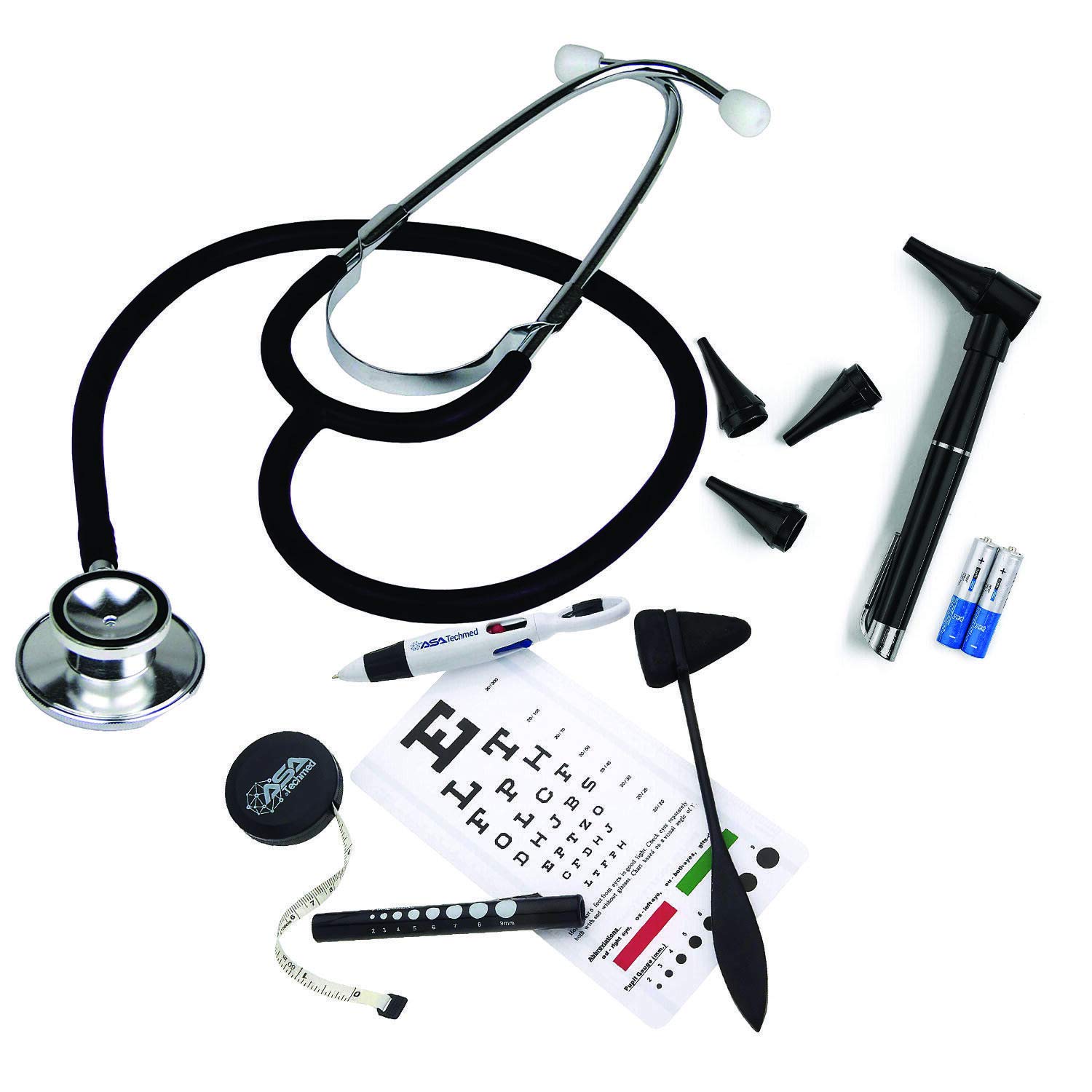 Dual Head Stethoscope w/Snellen Eye Chart, Taylor Percussion Hammer, Otoscope w/Batteries, LED Pupil Gauge Penlight, Retractable Tape Measure, 4 in 1 Color Ballpoint Pen