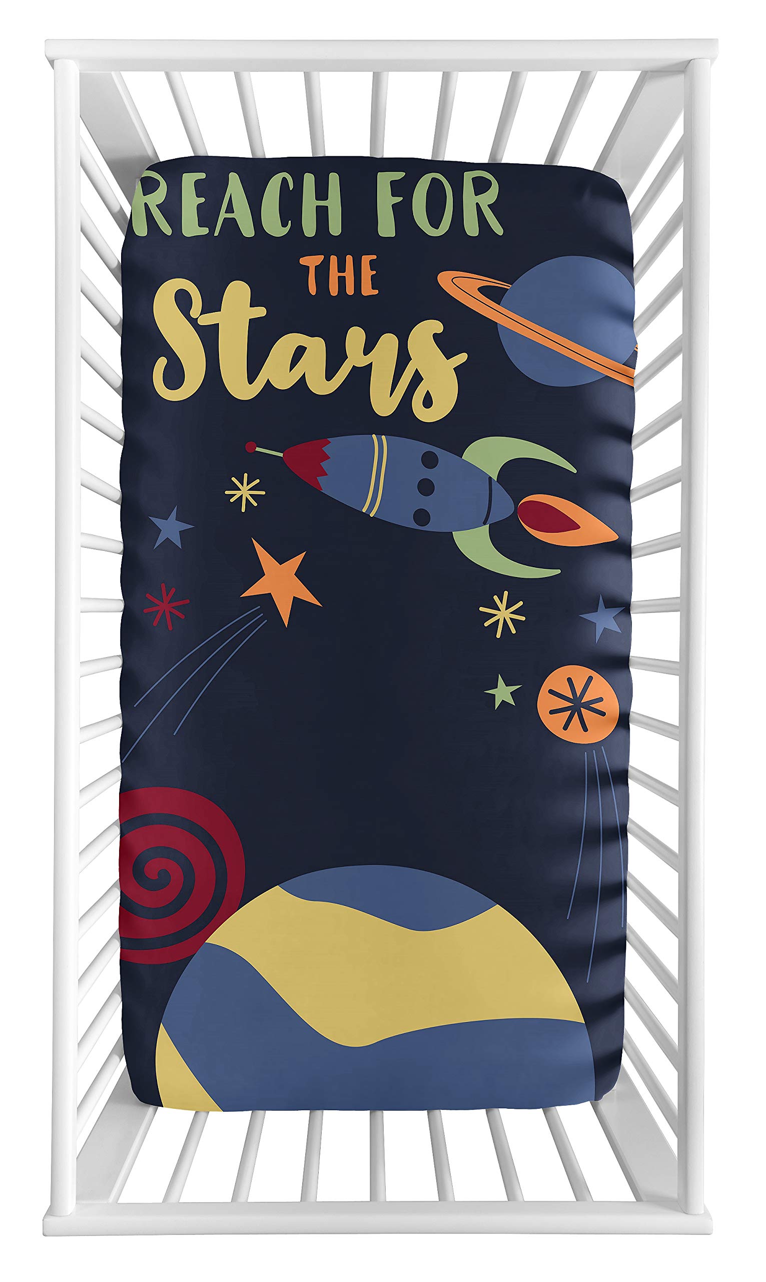 Sweet Jojo Designs Space Galaxy Planets Boy Fitted Crib Sheet Baby or Toddler Bed Nursery Photo Op - Navy Blue Star and Moon Rocket Ship