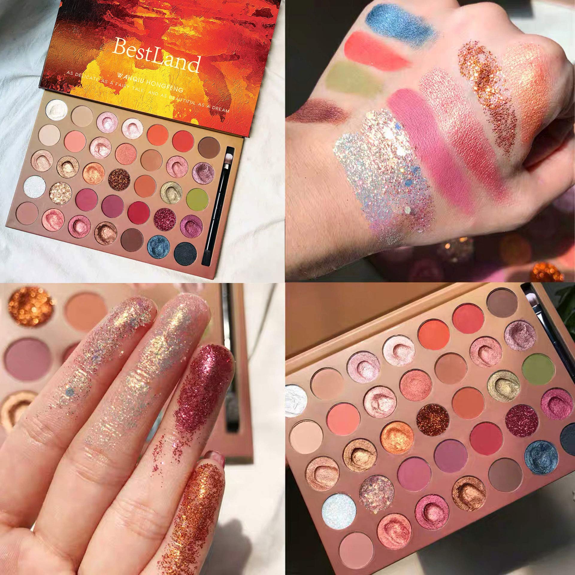 BestLand Pro 35 Colors Glitter Eyeshadow Palette with Eyeshadow Brush,Highly Pigmented Pressed Soft Creamy Metallic Matte Shimmer Naked Eye Shadow Powder Makeup Palette Set